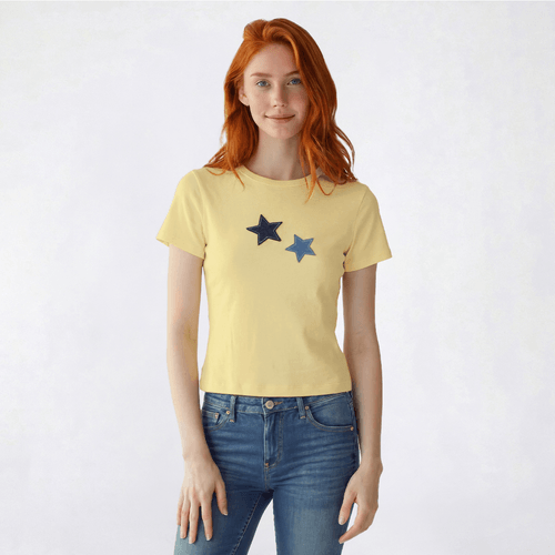 Click here for Juniors No Comment Star Denim Applique Baby Tee -... prices